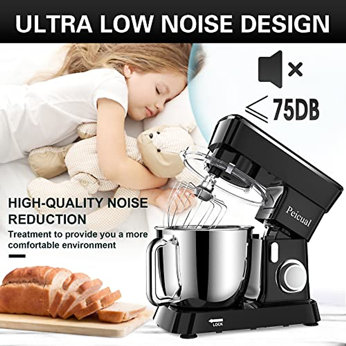 Upgraded Household Stand Mixer for Peicual 800W 10+P Speed High-Performance Tilt-Head Electric Kitchen Mixer 5.5Qt Stainless Steel Bowl with Dough Hook Flat Beater Wire Whisk & Splash Guard - Black