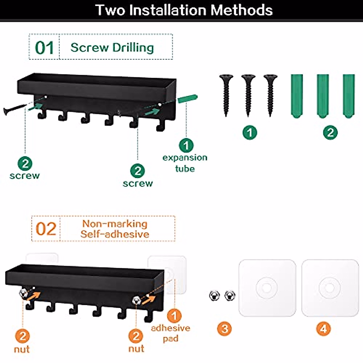 KingAcc Key Holder for Wall Decorative, Wall Mounted Key and Mail Organizer, Adhesive Key Rack/Hanger with Tray,6 Key Hooks for Entryway Hallway Kitchen Farmhouse (Black)
