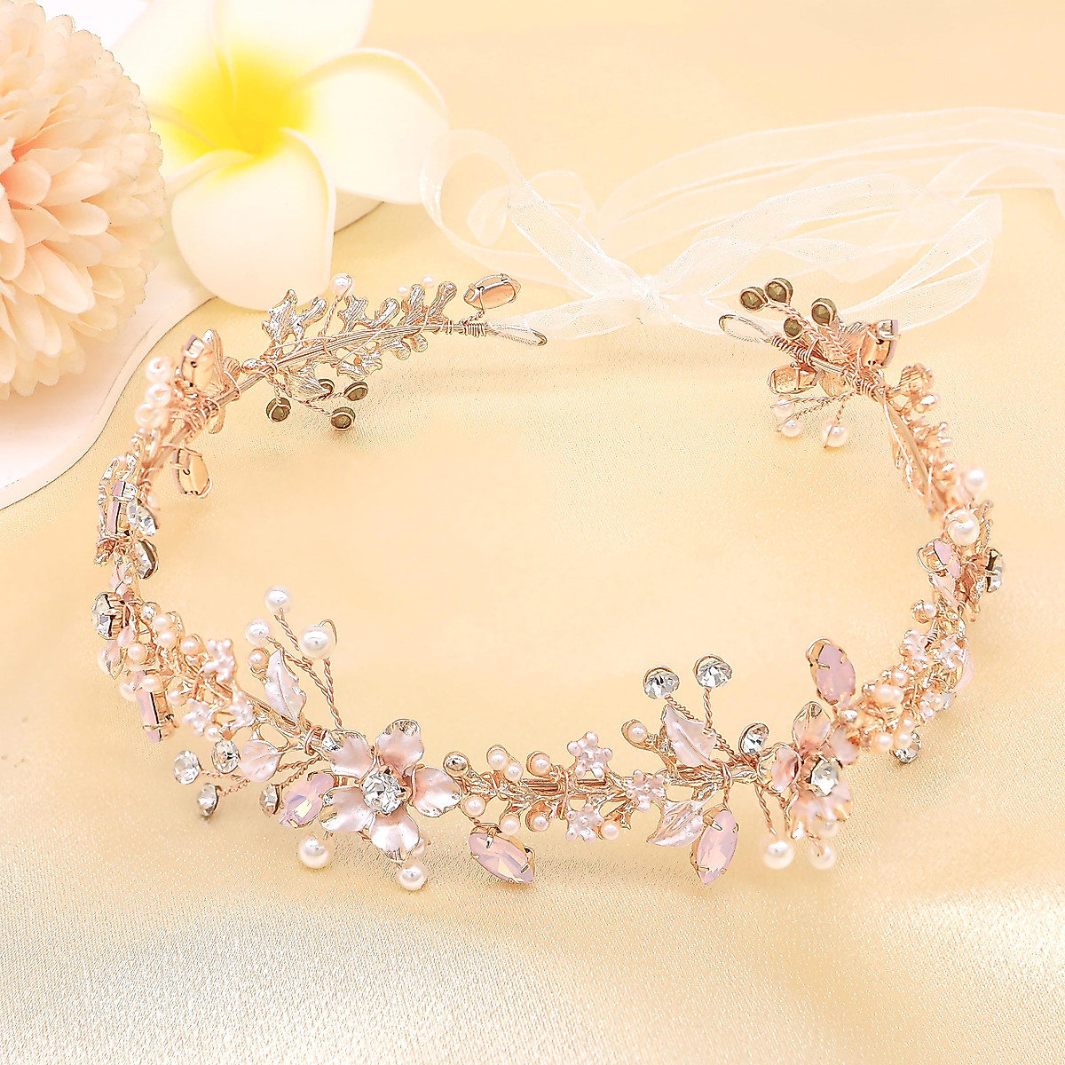 Ammei Headpiece Rose Gold Wedding Headband Flower Leaves Design Hair Vine With Pearls And Rhinestones