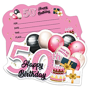 ERHACHAIJIA 20 PCS Pink & Black Golden Balloons & Cake Shaped Fill-In Invitations Cards With Envelopes, Funny 50th Happy Birthday Party 50 Year Old Birthday Invites For Women Lady Wife Mom Adults
