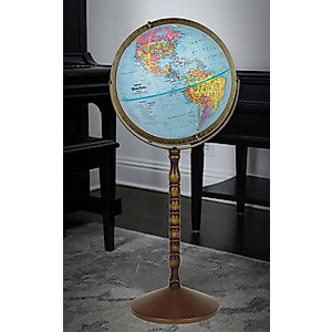 Treasury 12" Diameter Globe, USA Cartography, Convertible to Desktop with Raised Mountain Relief and Sturdy Metal Base and Hand Turned Hard Wood Stand.This economical 12” floor model stands 32” high on a durable metal base and attractive wooden pedestal.