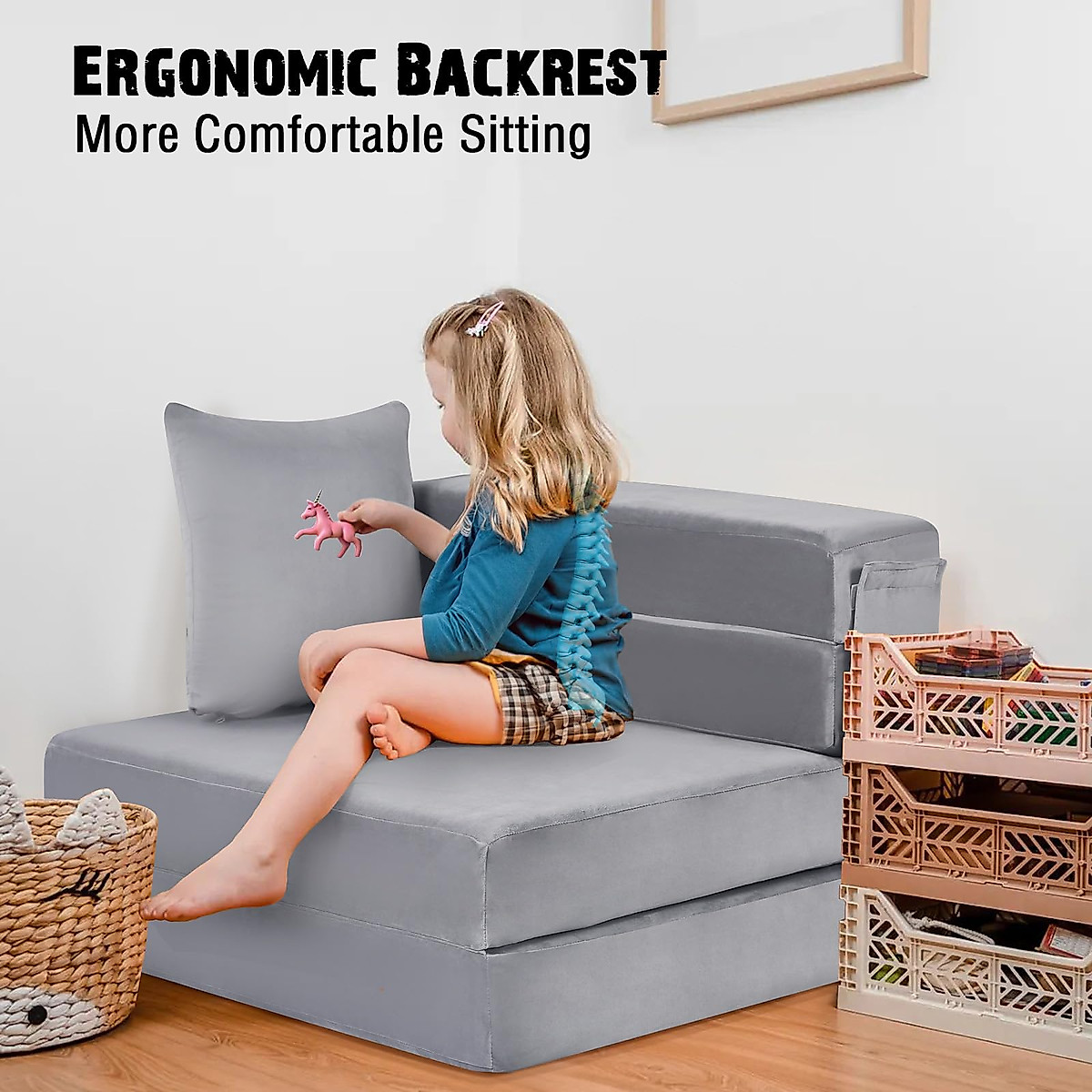 MeMoreCool Foldable Futon Chair Bed Sleeper for Kids, Toddler Sofa Bed Folding Mattress, Child Fold Out Couch Bed with Pillow, Convertible Foam Floor Sofa Sleeping Tri Fold Mattress Chair (Grey)