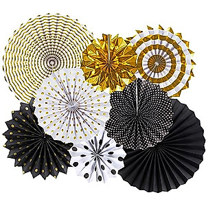 SUNBEAUTY Pack of 8 Gold Black Paper Fans Paper Fans Classroom Decoration Halloween Decoration Hanging Paper Fans Home Party Photo Backdrop Decorations