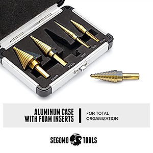 Segomo Tools 5 Piece SAE Multiple Hole 50 Sizes HSS Step Drill Bit Set with Aluminum Case | Stepped Drill Bit | Cone Drill Bit | Step Bit Set | Multiple Hole Drill Bit | Drill Step Bit - SDS5SAE