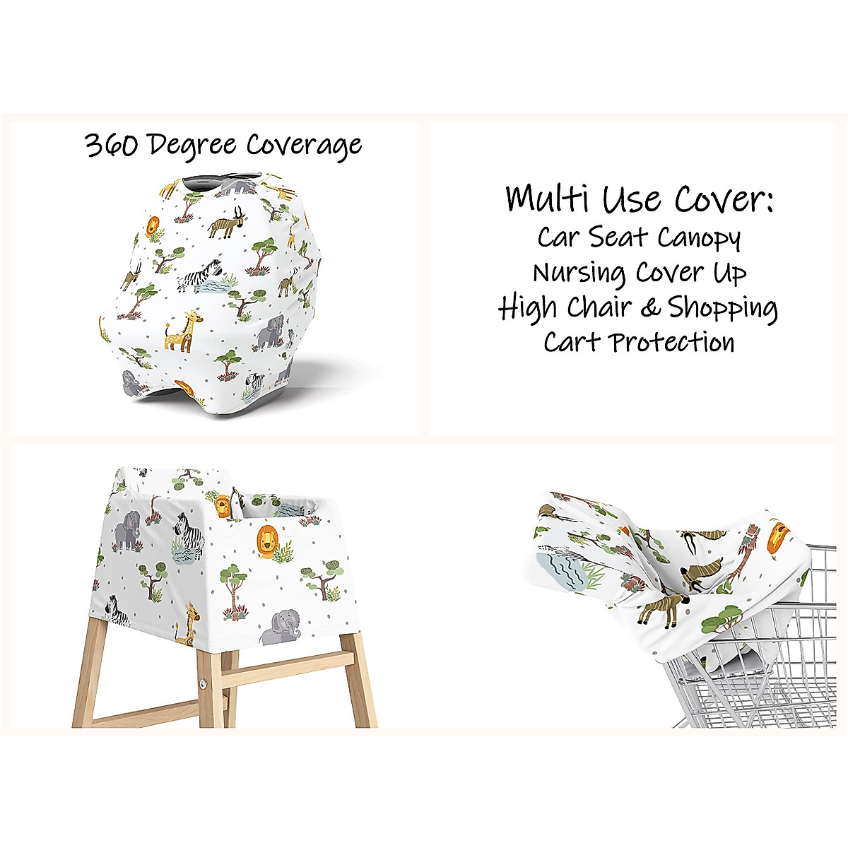 Stretchy Multi Use Cover Safari Animals Car Seat Canopy Nursing Breastfeeding Cover Up Shopping Grocery Cart High Chair Covering Baby Girl or Boy Nursery Decor African Jungle Zebra Lion Giraffe