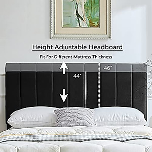 Queen Platform Bed Frame Black Velvet Upholstered Bed Frame with Vertical Geometric Adjustable Headboard,Wooden Slats Support,No Box Spring Needed,Mattress Foundation,Easy Assembly,Noise Free Design