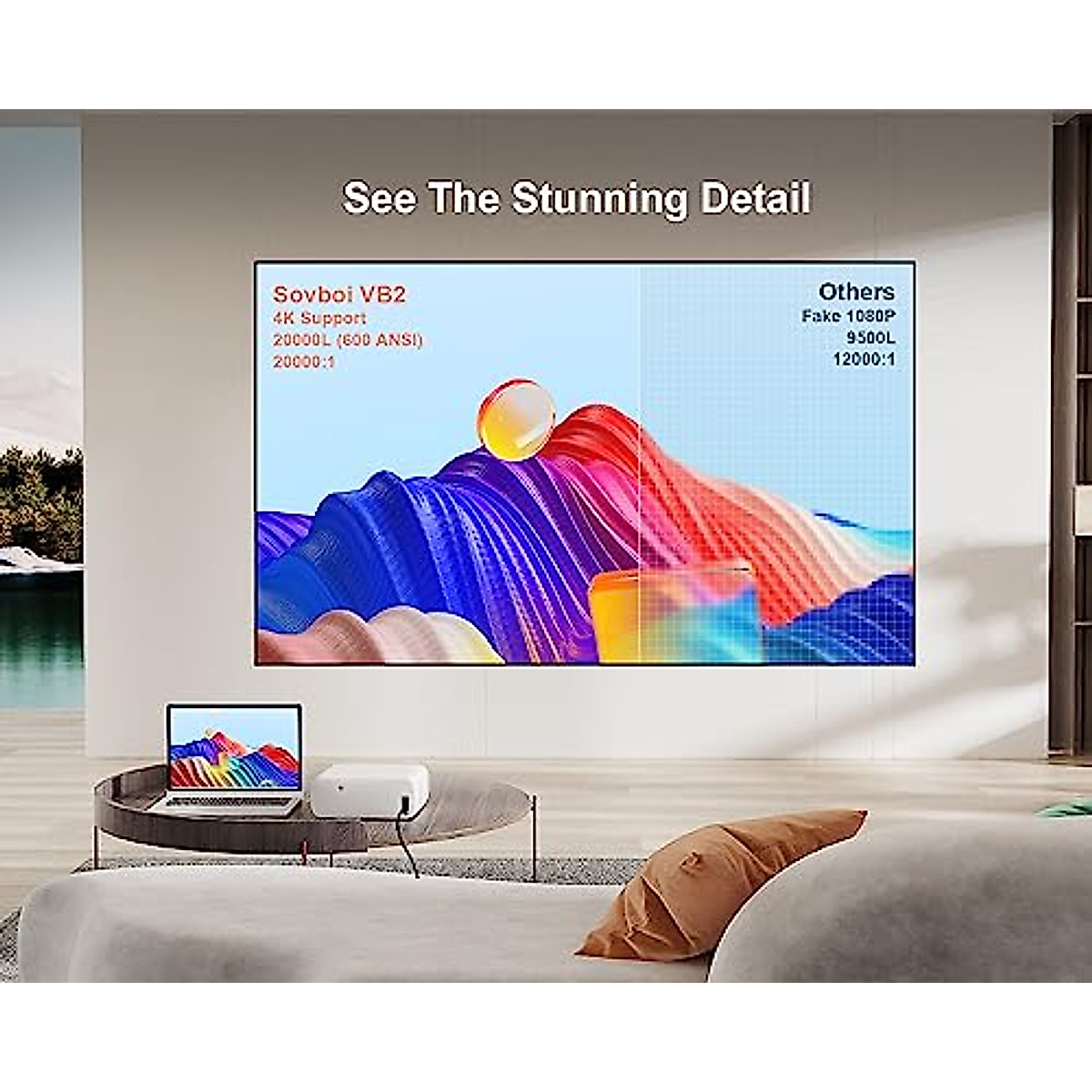 Outdoor Projector 4K with WiFi and Bluetooth: 20000L 600 ANSI Native 1080P Projector, 4D/4P Keystone 450'' & 50% Zoom Sovboi Video Projector, SOI-Smart System Movie Projector for Outdoor/Home Use