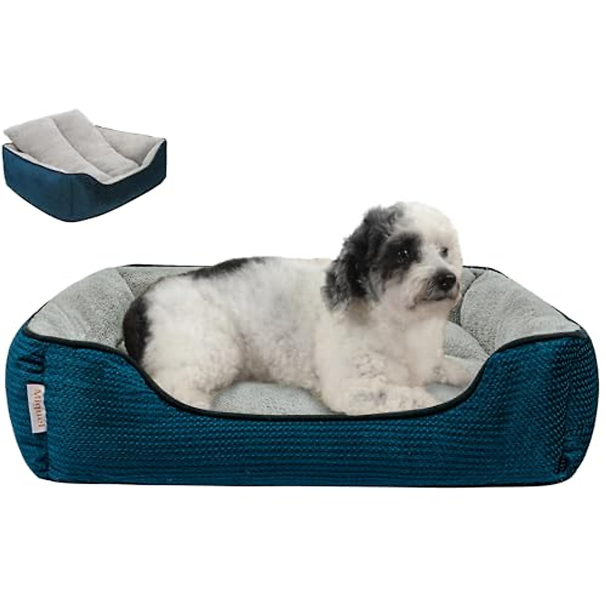 Miguel Dog Bed with Removable Cushion/Pillow for Medium Small Dogs, Washable Pet Bed with Side Easy to Wash Puppy Bed, Large Rectangle Cat Bed for Indoor Cat with Anti-Slip Bottom, Blue 25 Inch