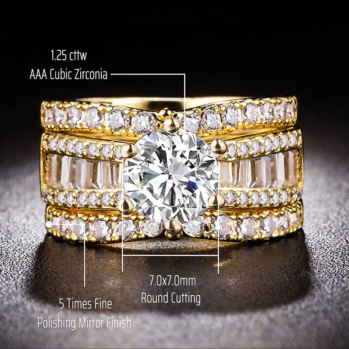 Ahloe Jewelry 2.3Ct Wedding Rings for Women Engagement Ring Set Bands 18k Yellow Gold Three in One Cz 3pcs Size 8