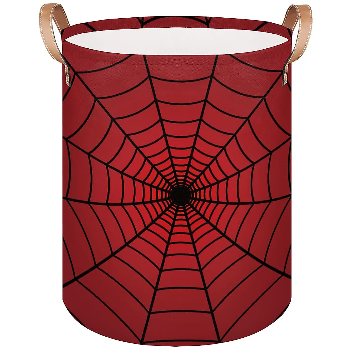 Collapsible Laundry Hamper Basket, Red Spider Web Round Laundry Basket with Leather Handle Storage Organizer Bin for Toys Bin Nursery Home Storage Bedroom Decor