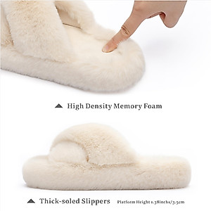 Chantomoo Women's Cross Slippers Memory Foam House Bedroom Slippers for Women Fuzzy Plush Comfy Faux Fur Lined Slide Shoes Anti-Skid Sole Trendy Gift Slippers Beige Size 9 10 8.5