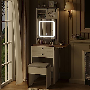 ARTETHYS Farmhouse Small Vanity Desk Set with Mirror Cabinet Compact Makeup Vanity Table with 3 Adjustable Lighted Mirror and Storage Chair for Small Space, White Dressing Table with Fold-up Panel