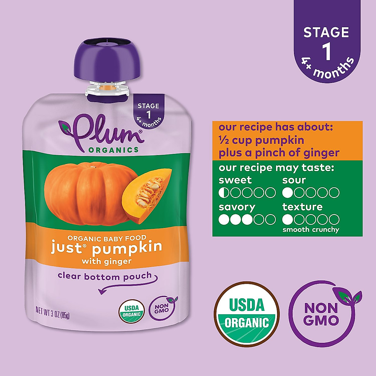 Plum Organics | Stage 1 | Organic Baby Food Meals [4+ Months] | Just Pumpkin | 3.5 Ounce Pouch (Pack Of 12) Packaging May Vary