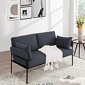 JULYFOX 59 in Wide Sofa Gray, Overstuffed Linen Fabric Couch Metal Frame 400 lbs Heavy Duty Tufted Loveseat Sofa for Small Spaces 2 Toss Pillows Included