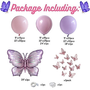 Butterfly Balloon Garland Arch Kit - 149PCS Pink & Purple Balloons with Fairy Wings, Butterfly Foil Balloon & Stickers for Girl Birthday, Bridal Shower Party Decorations