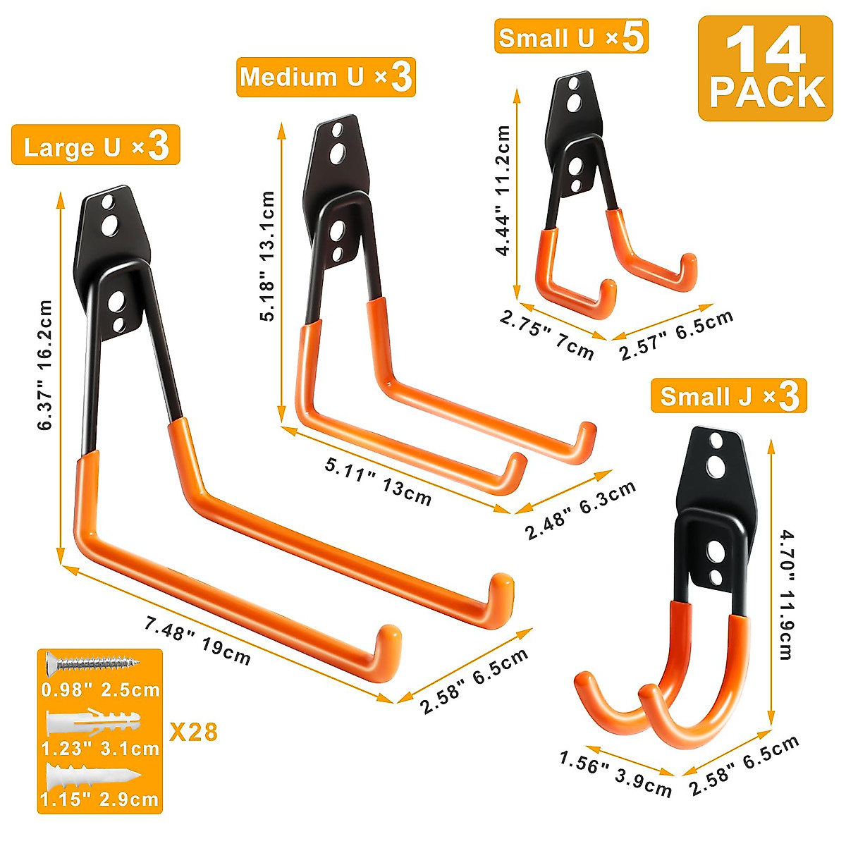 KURUI 14 Pack Garage Hooks for Hanging, Heavy Duty Garage Storage Hooks for Ladder Extension Cord Tool Cable, Wall Mount Large Utility Hooks, Garage Organization Hanger&Organizer