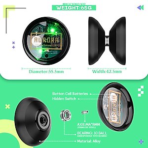 Light Up Yoyo with Extra Battery, MAGICYOYO Y02 Aurora Professional Unresponsive Yoyo with Yoyo Glove, Yoyo Bag, 12 Yoyo Strings - Green Light