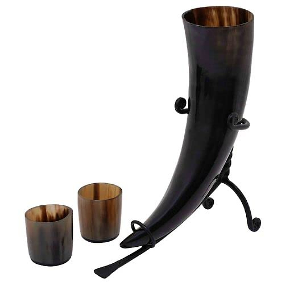 Mythrojan Drinking Horn Authentic Medieval Inspired Viking Wine/Mead Mug 650ml Bundle with Hand Forged Drinking Ale Horn Rack Twisted & Viking Norse Medieval Horn Shot Glass Pair