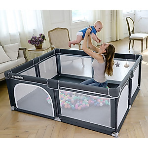 ANGELBLISS Baby Playpen, Extra Large Playard, Indoor & Outdoor Kids Activity Center with Anti-Slip Base, Sturdy Safety Play Yard with Breathable Mesh, Kid's Fence for Toddlers(Dark Grey,79”x71”)