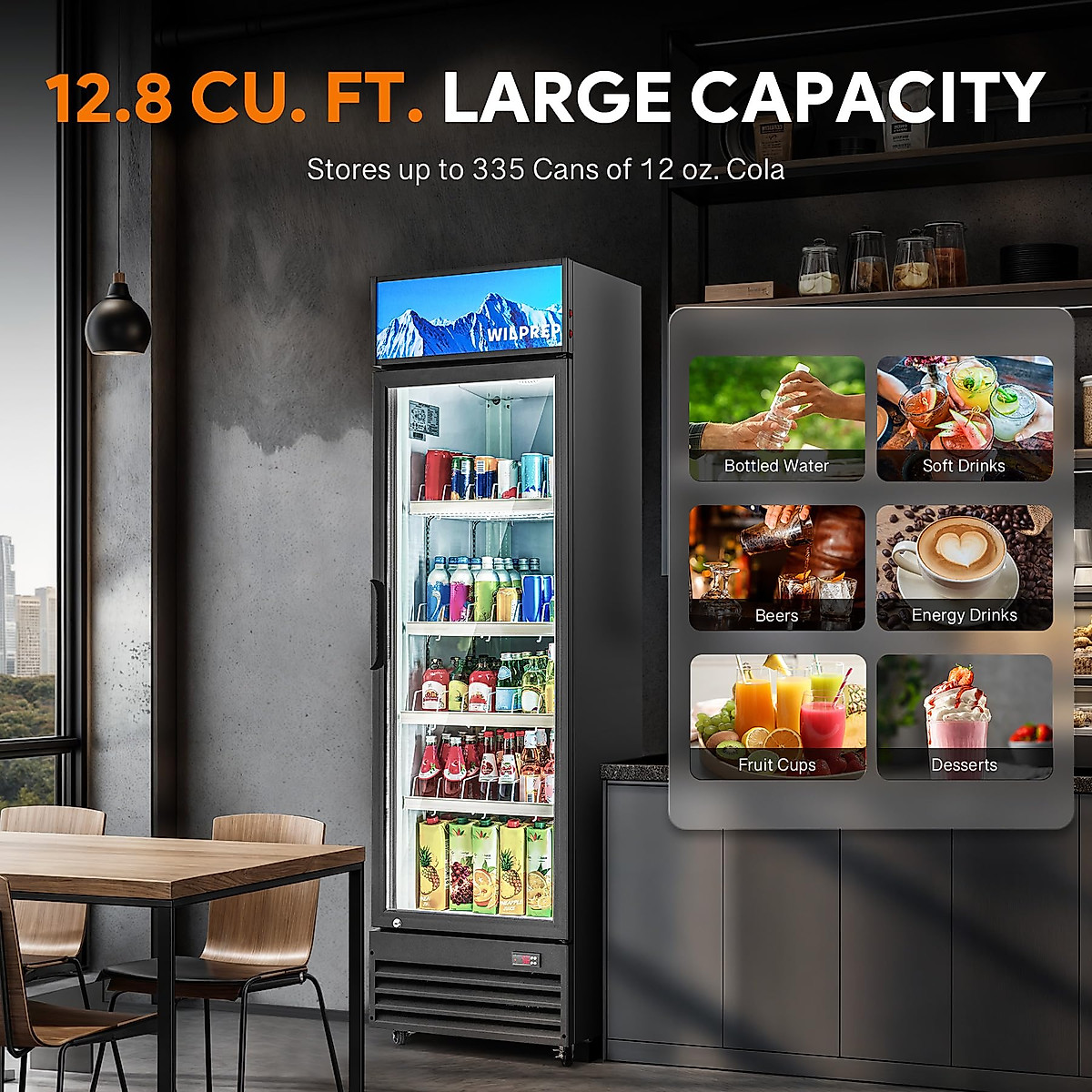 Wilprep One Door Commercial Refrigerator, 12.8 cu. ft. Swing Door Merchandiser Refrigerator with Tempered Glass & LED Lighting, ETL Listed Fog Free Beverage Display Refrigerator for Office Bar Store