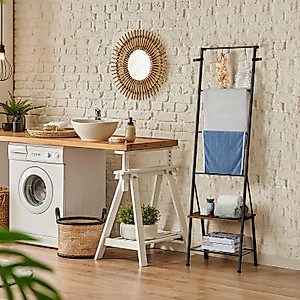 Blanket Ladder Christmas Stocking Holders for Mantle Black Towel Ladder with Shelf Metal Blanket Ladder Holder for Bathroom Standing Ladder Towel Rack with Hooks for Living Room Bedroom Laundry Room