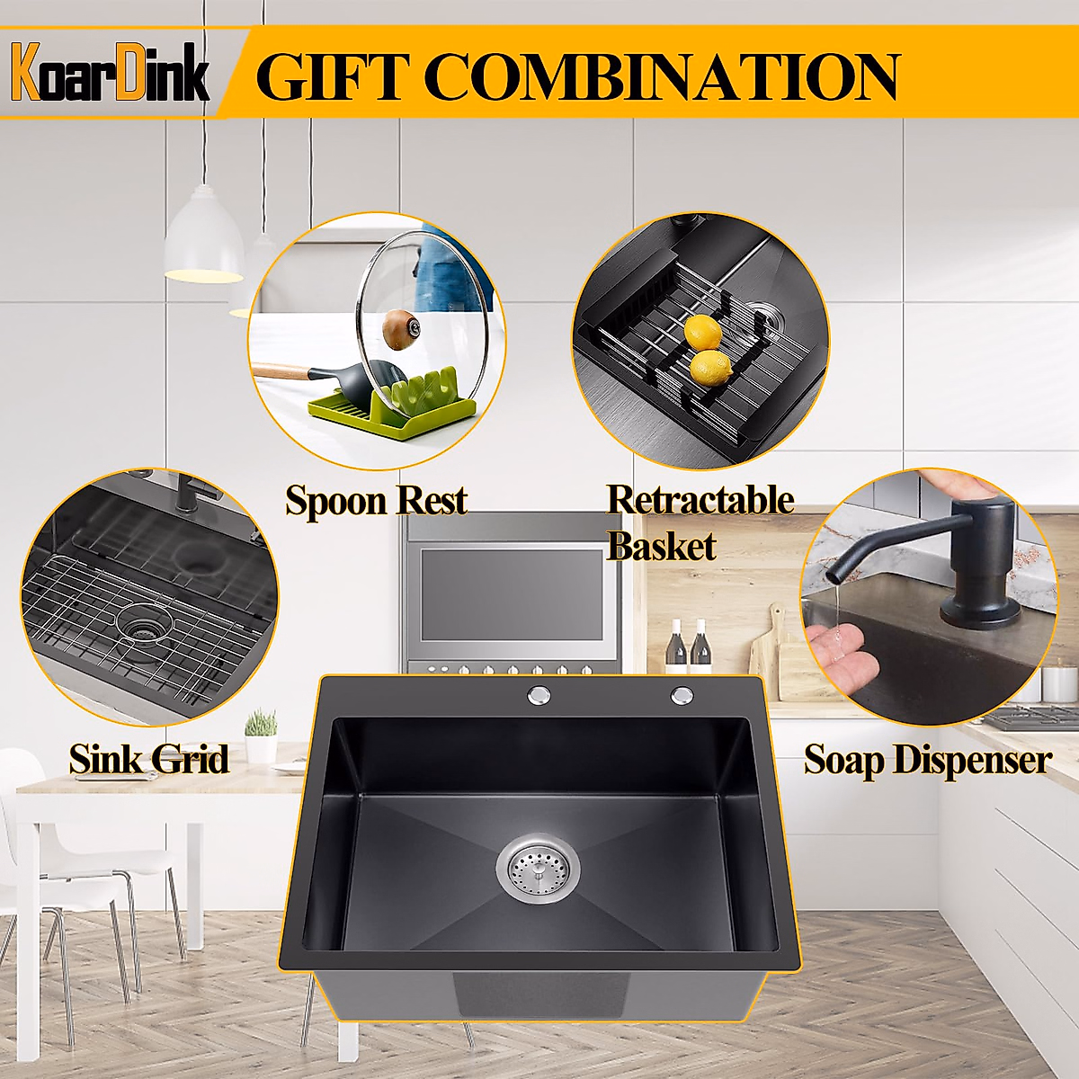 Black Kitchen Sink, Topmount Stainless Steel Bar Sink 25x18x9 Inch Drop In Single Bowl Kitchen Sink With Accessories-Sink Grid,Strainer Basket,Soap Dispenser,Drain Assembly Set For Modern Kitchen Sink