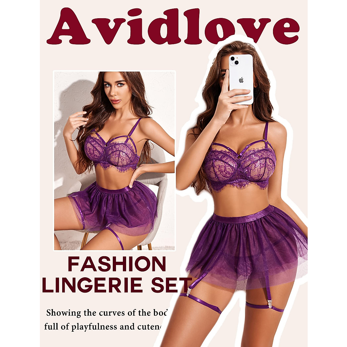 Avidlove Lingerie for Women Strap Babydoll Bodysuit with Garter Belts (Purple, X-Large)