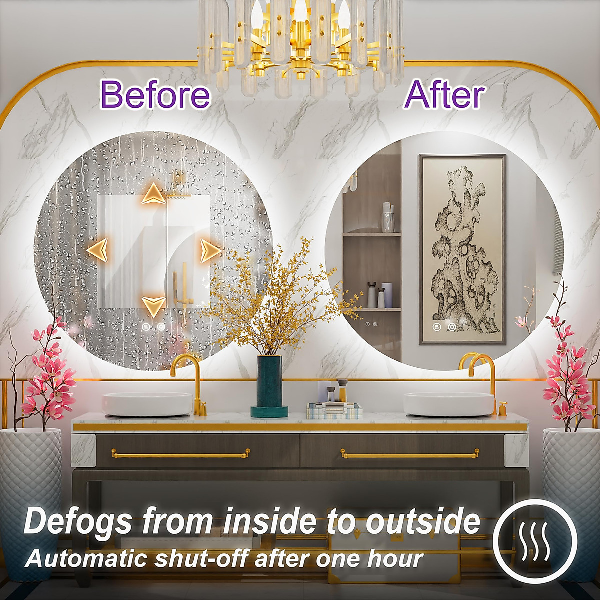 JSneijder 2-Piece LED Bathroom Mirror 32 Inch Backlit Round Mirror & 28x36 Inch Rectangular Mirror, Wall Mounted Dimmable Anti-Fog