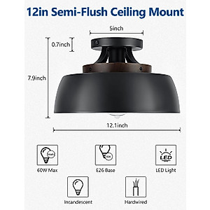 DAKASON Semi Flush Mount Ceiling Light Fixture, Vintage Close to Ceiling Light, Matte Black Farmhouse Ceiling Lamp for Kitchen Hallway Entry Living Room Bedroom, E26 Base