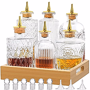 SuproBarware Bitters Bottle for Cocktail Set of 6 Glass Bottle with Display Tray Vantage Decorative Bottles Perfect for Bartender, Home Bar, Cocktail