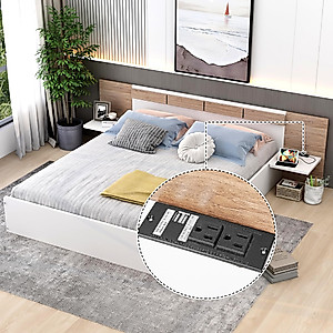 TURRIDU Queen Bed Frame with Storage, Bed Frame Queen Size with 2 Side Shelves, Outlets and USB Ports, Queen Size Platform Bed Frame with Wood Slats Support for Bedroom, Guest Room,White