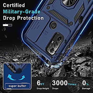 Motorola Moto G Play 2023 Case,Moto G Power 2022/Moto G Pure Case Built in Slide Camera Lens Cover+Screen Protector+Finger Ring Holder Kickstand,Heavy Duty Shockproof Full Body Phone Cover,Blue