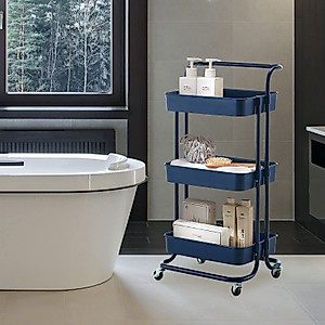 TUKAILAi 3-Tier Rolling Storage Cart with Lockable Wheels and Ergonomic Handle, Slide Out Utility Shelving Unit Organizer Serving Trolley Clearing for Kitchen Bathroom Laundry Bedroom (Dark Blue)