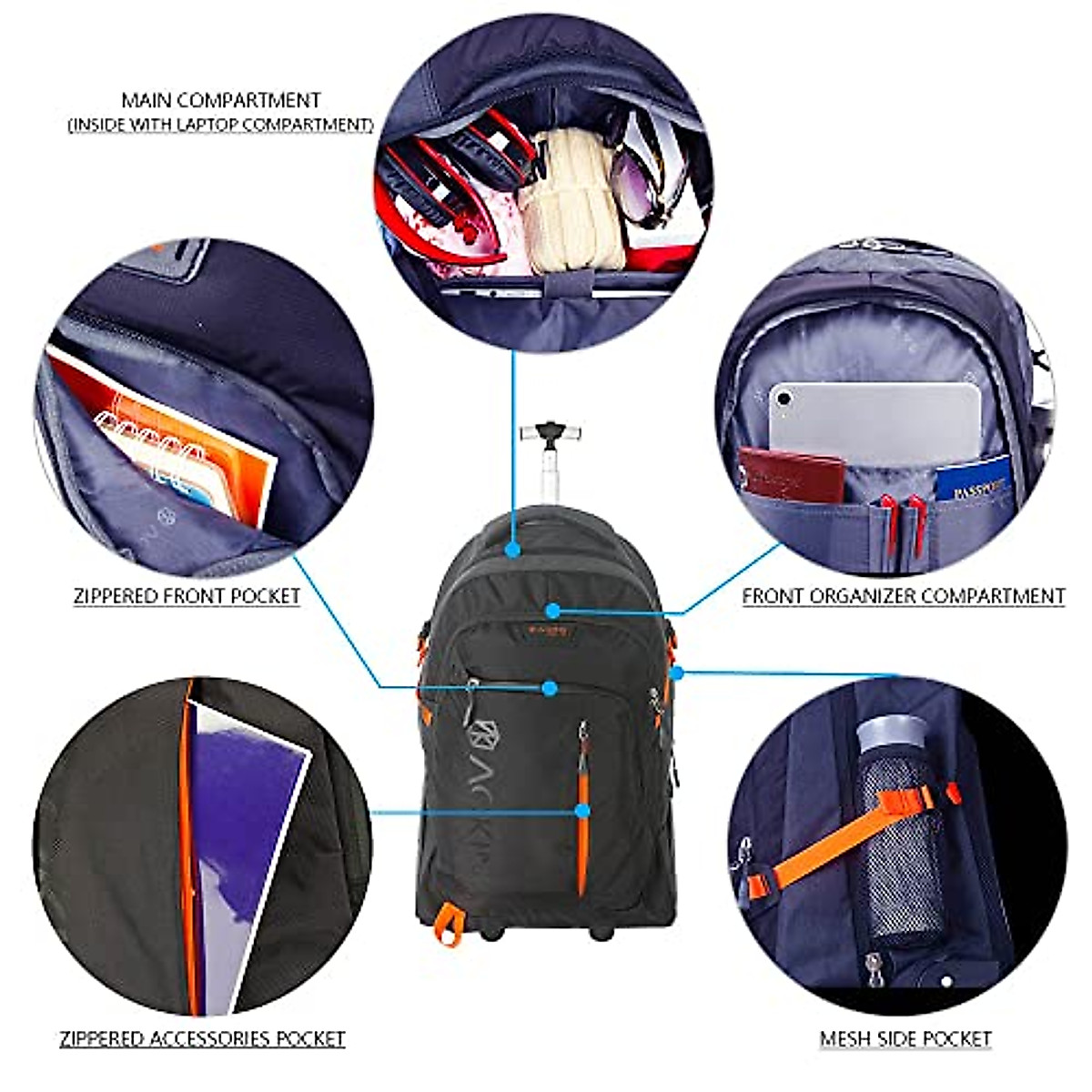 AOKING 22 Inches Water-resistant Large Wheeled Rolling Backpack for Business, College Student and Travel Commuter, Carry-on Laptop Backpack, Travel Luggage, Wheeled Adult Backpack (22 Inches, Black)