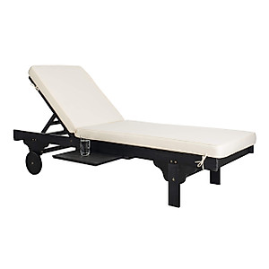 SAFAVIEH Outdoor Collection Newport Black/ Beige Cushion Built-in Side Table Adjustable Chaise Lounge Chair