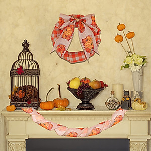 6 Rolls Fall Burlap Ribbons 2.5 Inch Wired Edge Pumpkin Maple Leaf Ribbon Rustic Harvest Truck Orange Plaid Ribbon for Autumn Thanksgiving Gift Wrapping DIY Wreath Crafts, 30 Yards