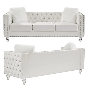 mikibama Velvet Sofa Couch 83 Inch Long Modern Sofa with Acrylic Legs and 2 Pillows, Jeweled Buttons Tufted Couch Modern Decor Furniture for Living Room, Bedroom (Beige)