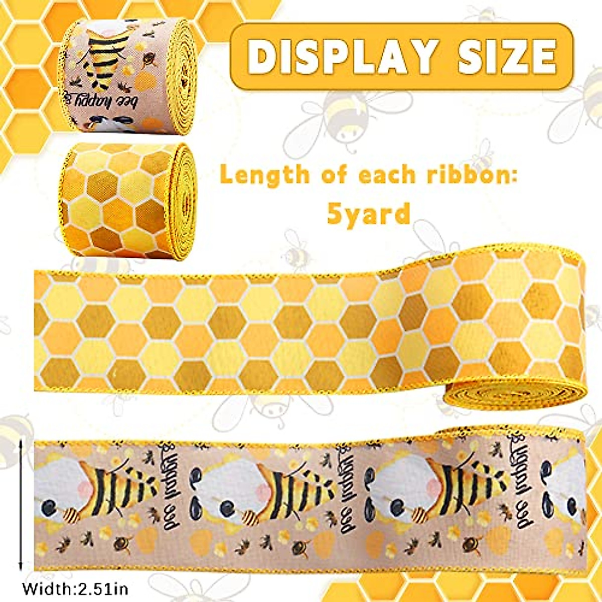 2 Roll 10 Yards Bee Gnomes Ribbons 2.5", Summer Bumble Bee Wired Edge Burlap Ribbon Black Yellow Bee Honeycomb Ribbon for Farmhouse Decor Gift Wrapping DIY Crafts Wreaths Bow