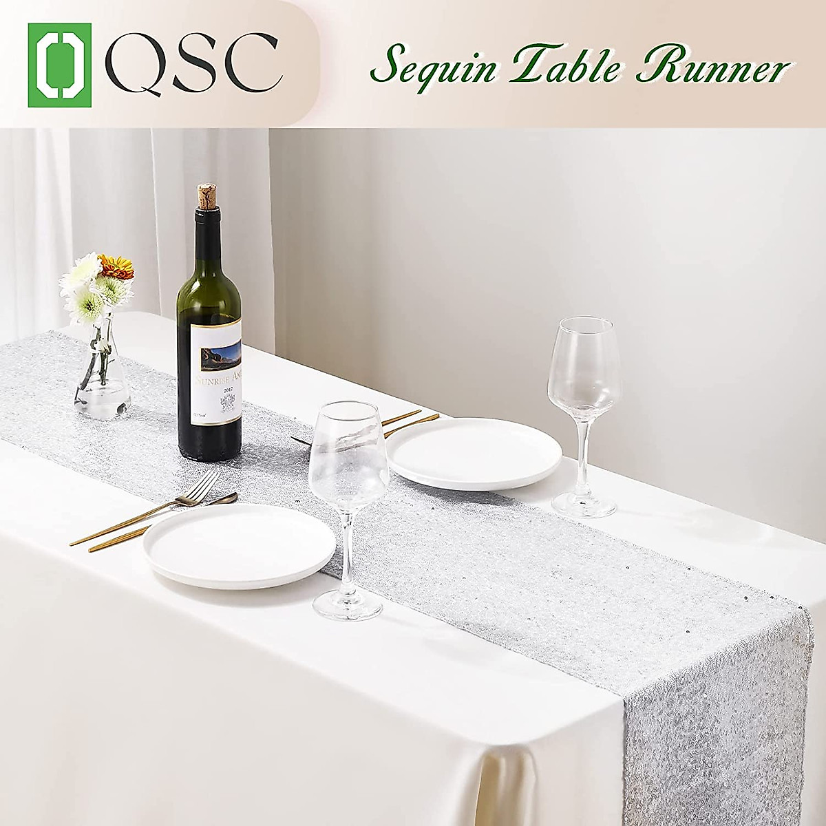 OQSC Sequin Table Runners 72 Inches Long Christmas Glitter Rectangle Table Runner for Party, Wedding, Bridal 2 Pcs, Silver