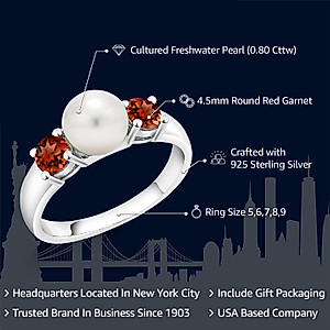 Gem Stone King 925 Sterling Silver Freshwater Pearl and Red Garnet Ring For Women (0.80 Cttw, Gemstone January Birthstone, Size 7)