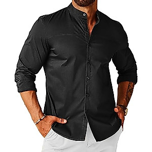 COOFANDY Muscle Fit Dress Shirts for Men Collarless Button Down Outfits Summer Fitted Shirts Wrinkle-Free Long Sleeve Business Casual Mandarin Collar No Iron Shirt Black XL