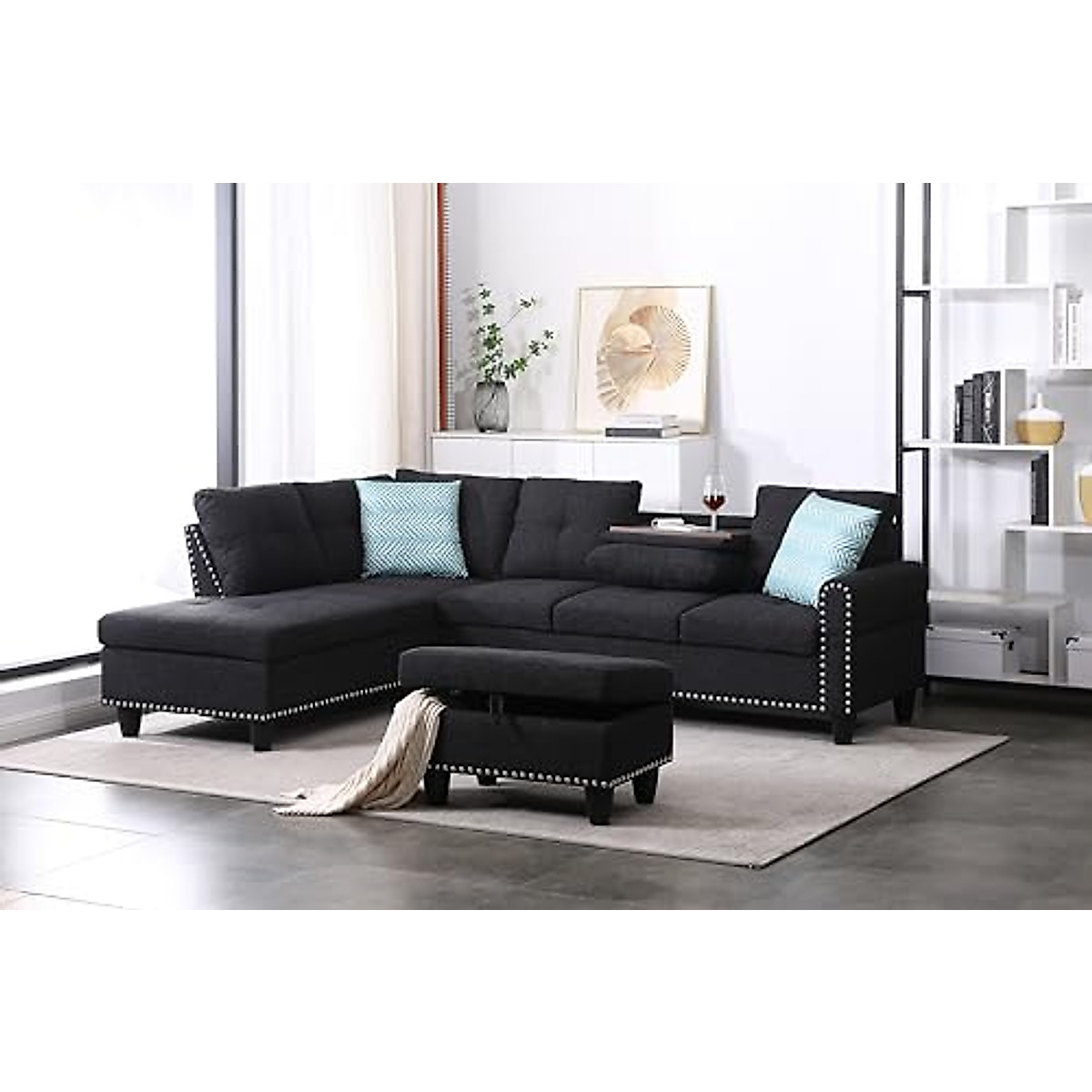 AYOUZ 98" L-Shape Linen Convertible Sectional Sofa Set with Left Facing Chaise & Ottoman, Modern Living Room Furniture-Set w/Storage for Home, Office, Apartment