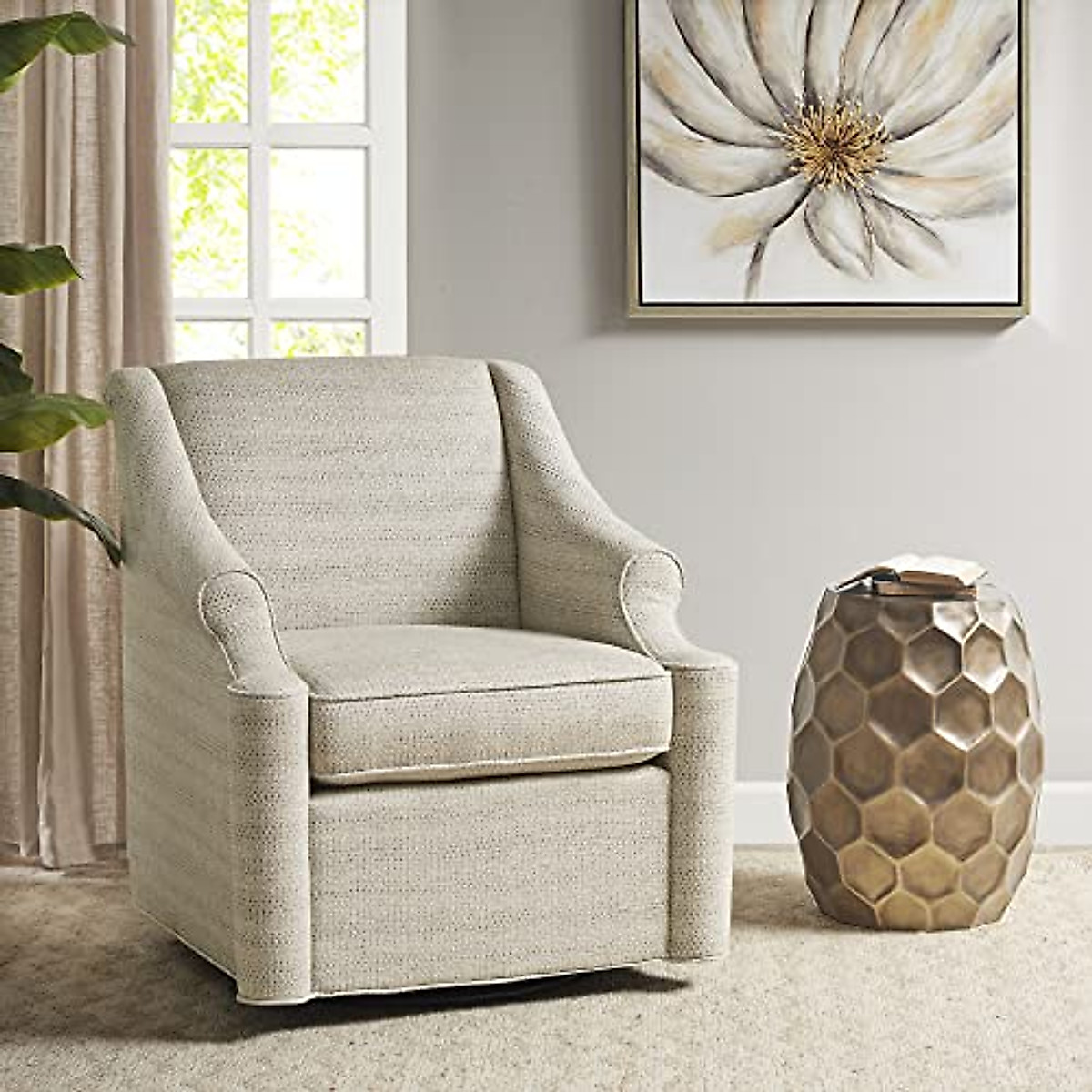 Madison Park Swivel Glider Chair for Living Room, High Back Bedroom Lounge Foam Seat Cushion Upholstered, Nursery Furniture, Metal Base, Fully Assembled, 29.5" W x 30.25" D x 34.5" H, Tan