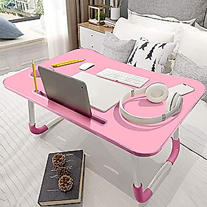 KPX Portable Laptop Bed Table, Fordable Lap Desk with Cup Slot & Notebook Stand Breakfast Bed Trays for Eating and Laptops Book Holder Lap Desk for Floor,Couch, Sofa, Bed, Terrace, Balcony (Pink)