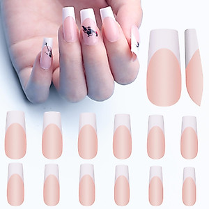 Medium Square French Tips Gel Nail Tips, BORNBYME White French Tip Nails 120PCS Matte Press on Nails, Primer & Base Coat 3 Gels Pre 12 Sizes Pre-french Soft Gel Fake False Nails for Nail Extension