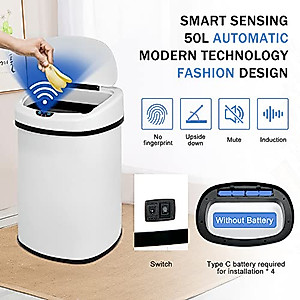 PIKAQTOP Automatic Touchless Infrared Motion Sensor Trash Can 13 Gallon, 50L High-Capacity Finger-Print Resistant Stainless Steel Brushed Bin with Lid, Garbage for Bathroom Bedroom Home Office, WHITE