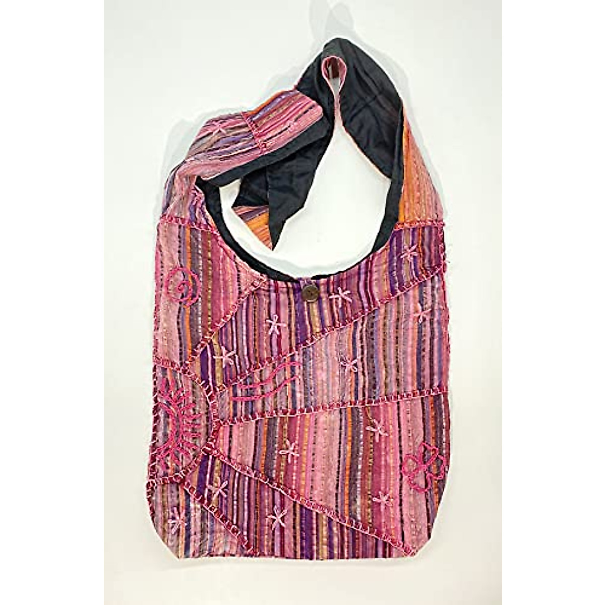 Pink Embroidered Peace and Sunrise Sling Crossbody Purse Boho Handbag Large