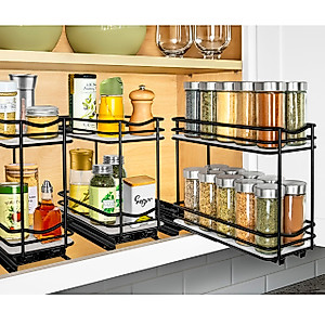 LYNK PROFESSIONAL® Pull Out Spice Rack Organizer for Inside Kitchen Cabinets - 4-1/4 inch Wide - Slide Out Drawer – Black Sliding Spice Cabinet Organization Shelf Racks - 2 Tier