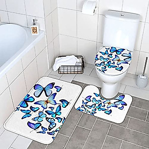 ASEELO Blue Butterfly Bathroom Rugs Sets 3 Piece with Toilet Cover, Bath Mats,U-Shaped Contour Mat,for Bathroom,Tub