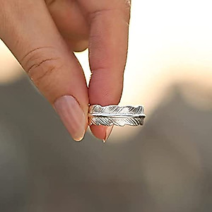 Assote To My Husband In Heaven Personalized Feather Ring, Adjustable Embrace Angel Feather Wing Ring, The Day I Lost You Memorial Plume Ring, Vintage Statement Leaf Cast Memorial Gift (Silver)